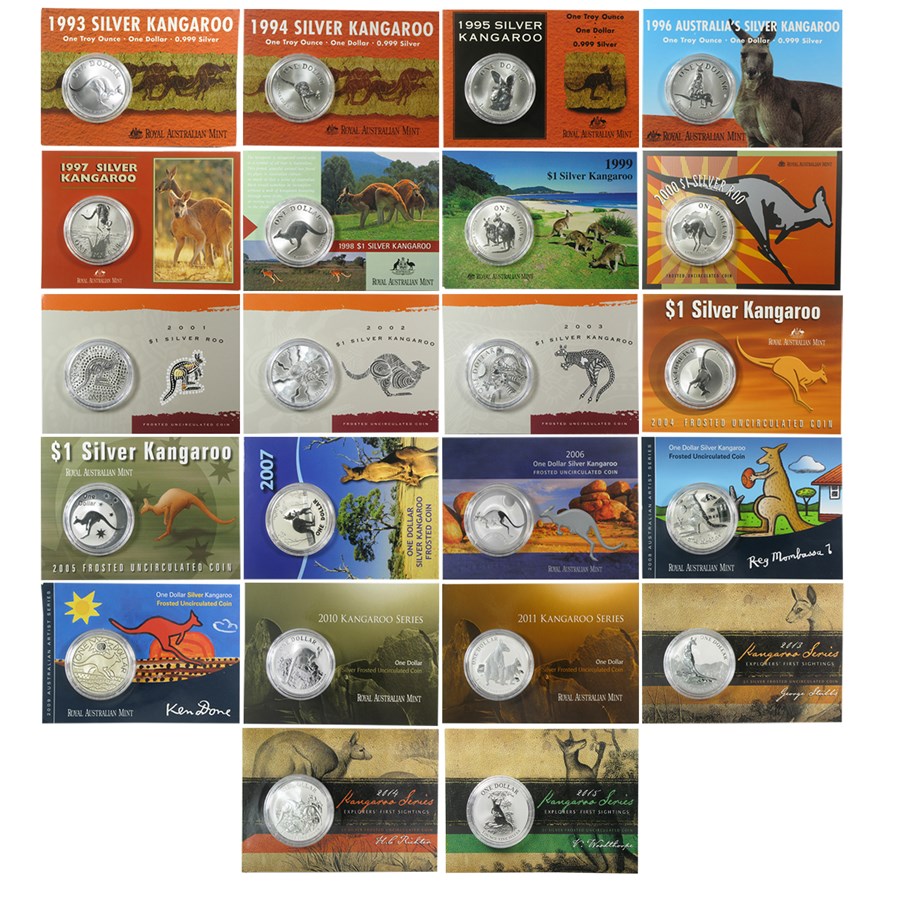 Buy 1993-2017 24-Coin 1 oz Silver Kangaroo Set BU (Display Cards) | APMEX