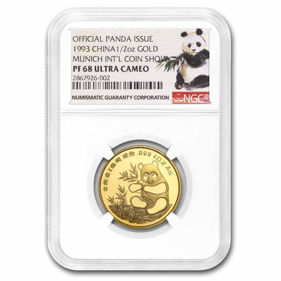 1993 China 1/2 oz Gold Panda PF-68 NGC (Munich Coin Fair Medal)