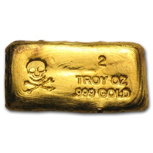 Buy 2 oz Hand Poured Gold Bar - Skull & Bones | APMEX