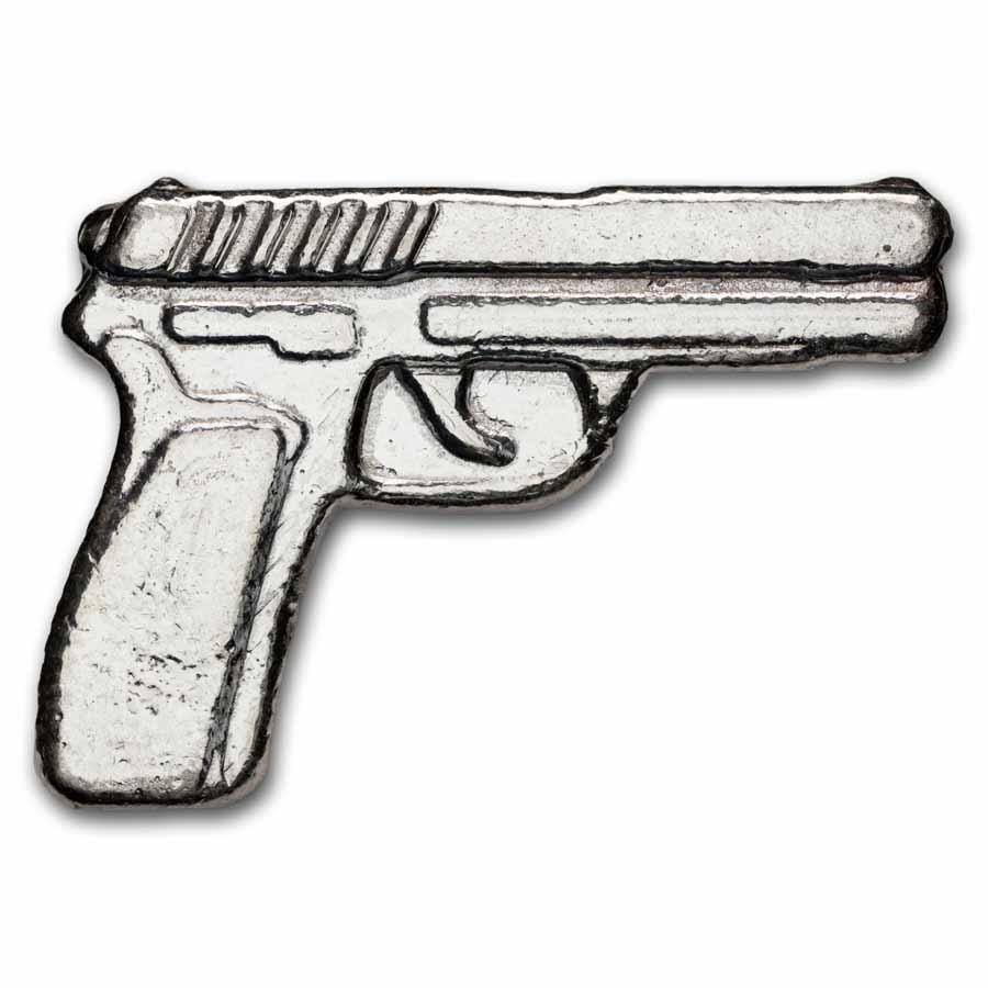 Buy 2 oz Silver Hand Poured 3D Pistol Handgun Bar | APMEX