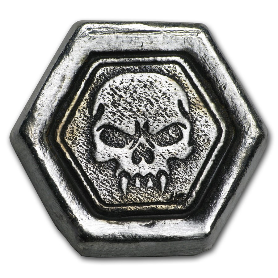 Buy 2 oz Hand Poured Silver Hexagon - Skull Fang | APMEX
