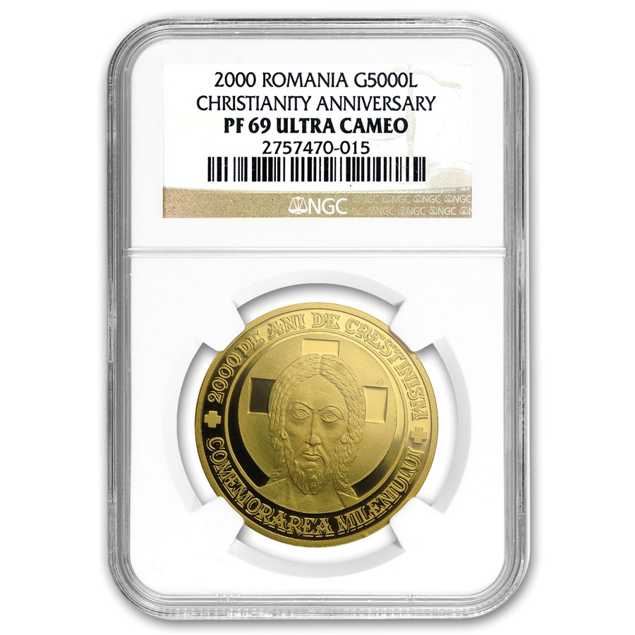 Buy 2000 Romania Gold 5000 Lei Christianity Anniversary PF-69 NGC | APMEX