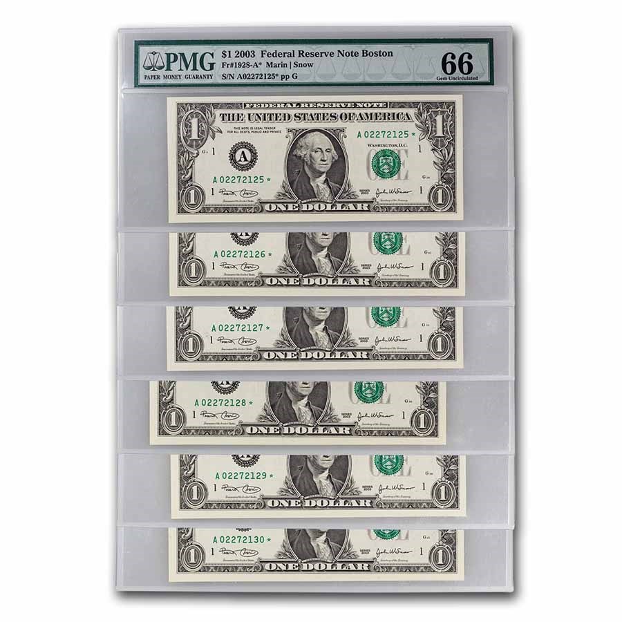 Buy 2003 (A-Boston) $1 FRN CU-66 PMG (Fr#1928-A*) 6 Consec Star Notes ...