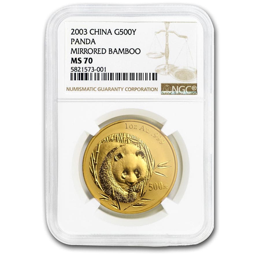 Buy 2003 China 1 oz Gold Panda Mirrored Bamboo MS-70 NGC | APMEX