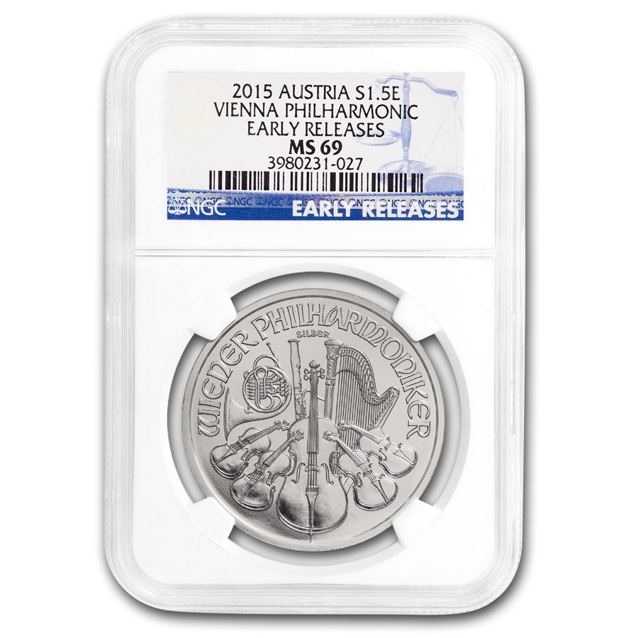 2015 Austria 1 oz Silver Philharmonic MS-69 NGC ER (Milk Spots)