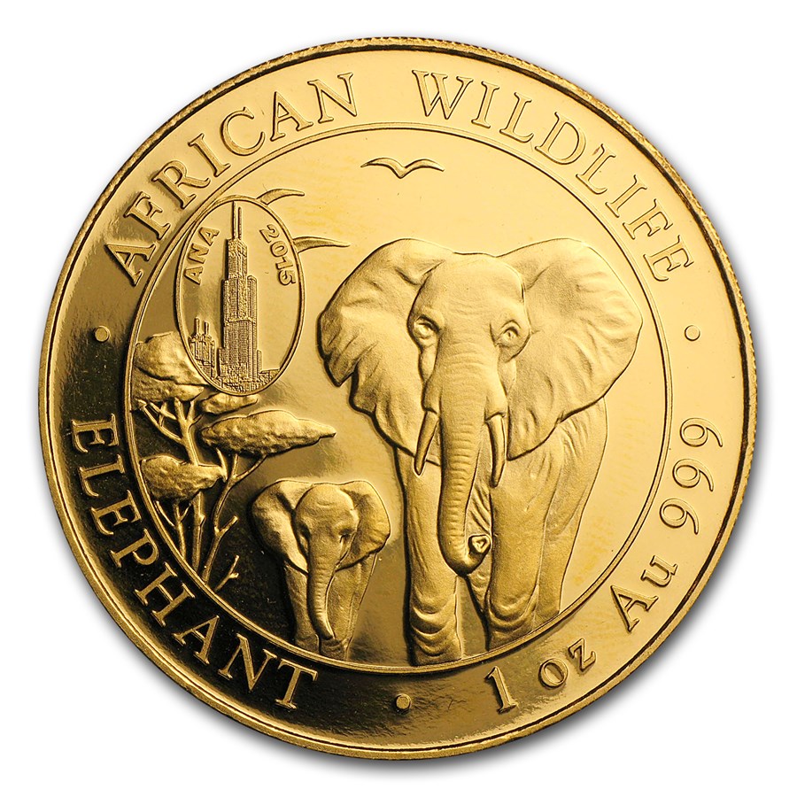 Buy 2015 Somalia 1 oz Gold African Elephant BU (ANA Chicago Privy) | APMEX