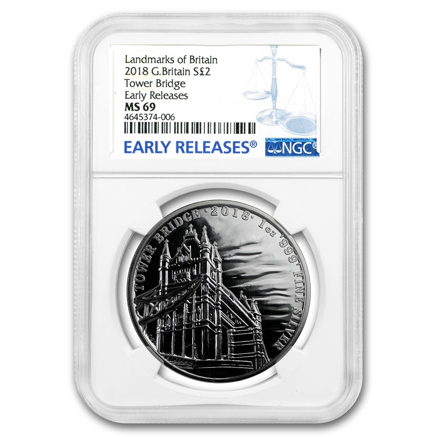 Buy 2018 1 oz Silver Landmarks of Britain Tower Bridge MS-69 NGC ER | APMEX