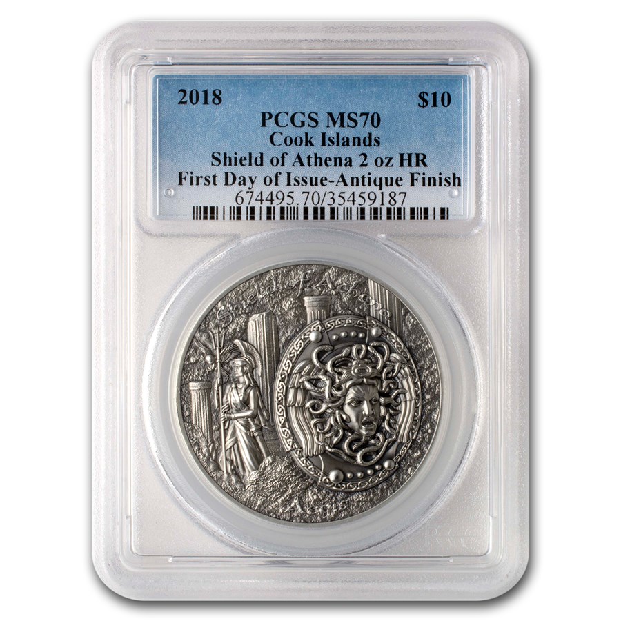 Buy 2018 Cook Islands 2 oz Silver UHR Shield of Athena MS-70 PCGS | APMEX