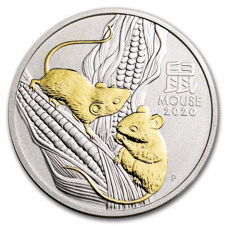 2020 Australia 1 oz Silver Lunar Mouse Gilded (No COA)