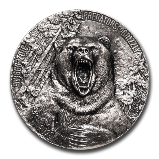 Buy 2020 Ivory Coast 3 oz Antique Silver Predators; Grizzly | APMEX