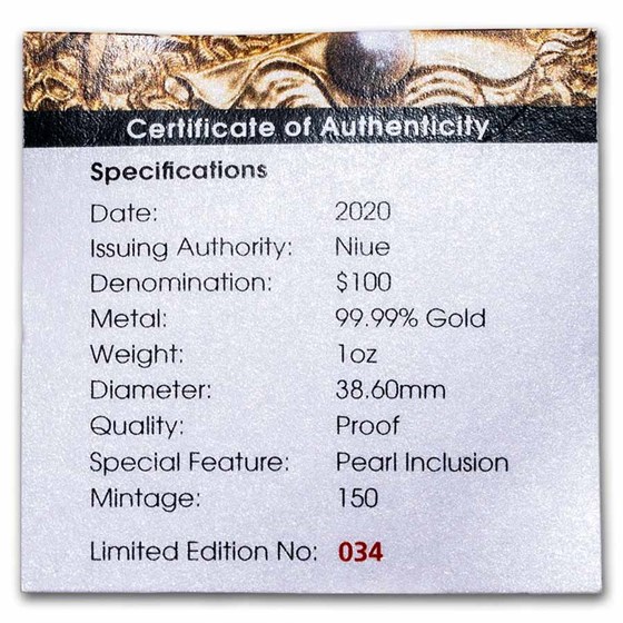 2020 Niue 1 oz Gold Australian Great Barrier Reef Pearl (Dmg)