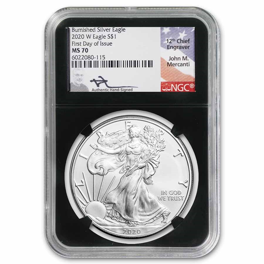 Buy 2020-W Burnished Silver Eagle MS-70 NGC (FDI, Mercanti) | APMEX