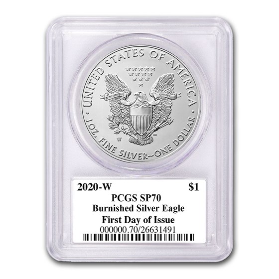 Buy 2020-W Burnished Silver Eagle SP-70 PCGS (First Day, Black Label) | APMEX