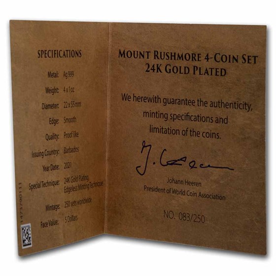 Buy 2021 Barbados 4 oz Silver Mount Rushmore 4-Coin Set Gold Gilt | APMEX