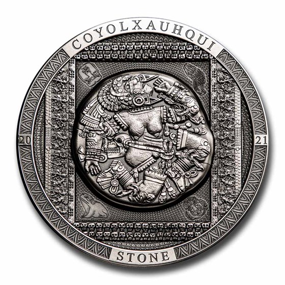 Buy 2021 3 oz Antiq Silver Aztec Coyolxauhqui Stone | APMEX
