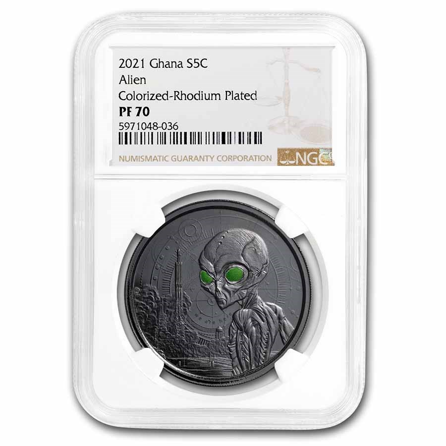Buy 2021 Ghana 1 oz Silver $5 Space Alien Colorized Rhodium PF-70 NGC ...