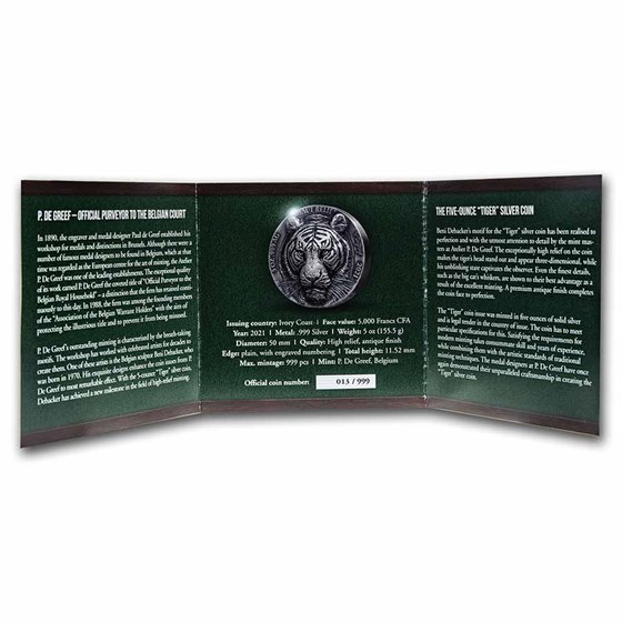 Buy 2021 Ivory Coast 5 oz Antique Silver Big Five Asia: Tiger | APMEX