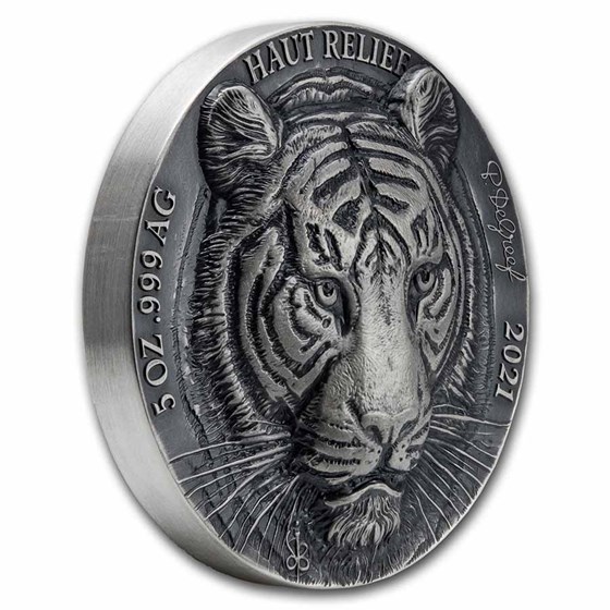 Buy 2021 Ivory Coast 5 oz Antique Silver Big Five Asia: Tiger | APMEX