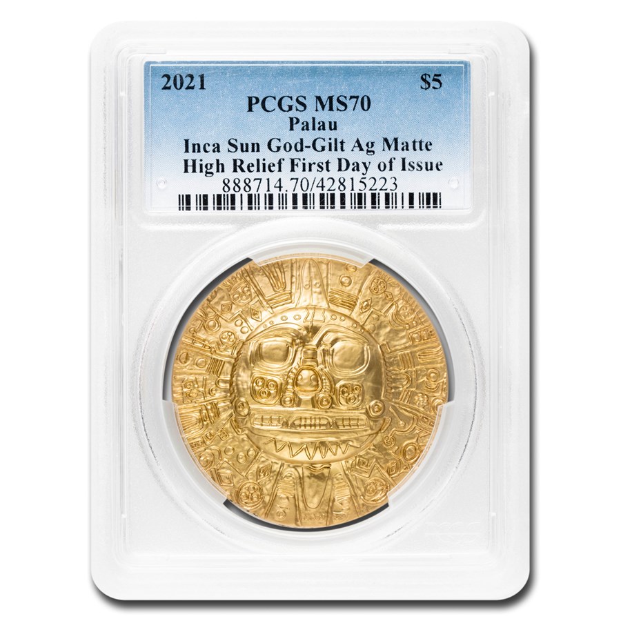 Buy 2021 Palau 1 oz Silver $5 Domed Inca Sun God Gilt MS-70 PCGS FDI ...