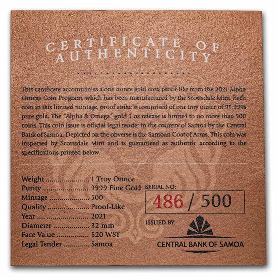 Buy 2021 Samoa 1 oz Gold 20 Tala Alpha and Omega BU | APMEX