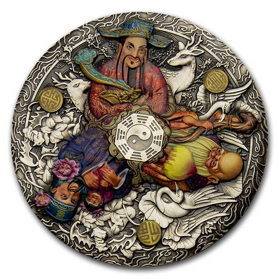 Buy 2021 Tuvalu 5 oz Silver Fu Lu Shou Colorized (Antiqued) | APMEX