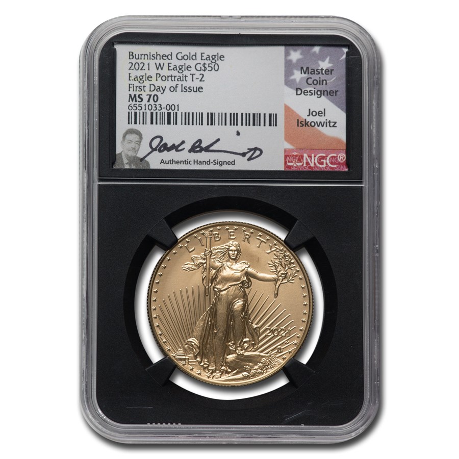 2021-W 1 oz Burnished Gold Eagle Type 2 MS-70 NGC (FDI, Iskowitz)
