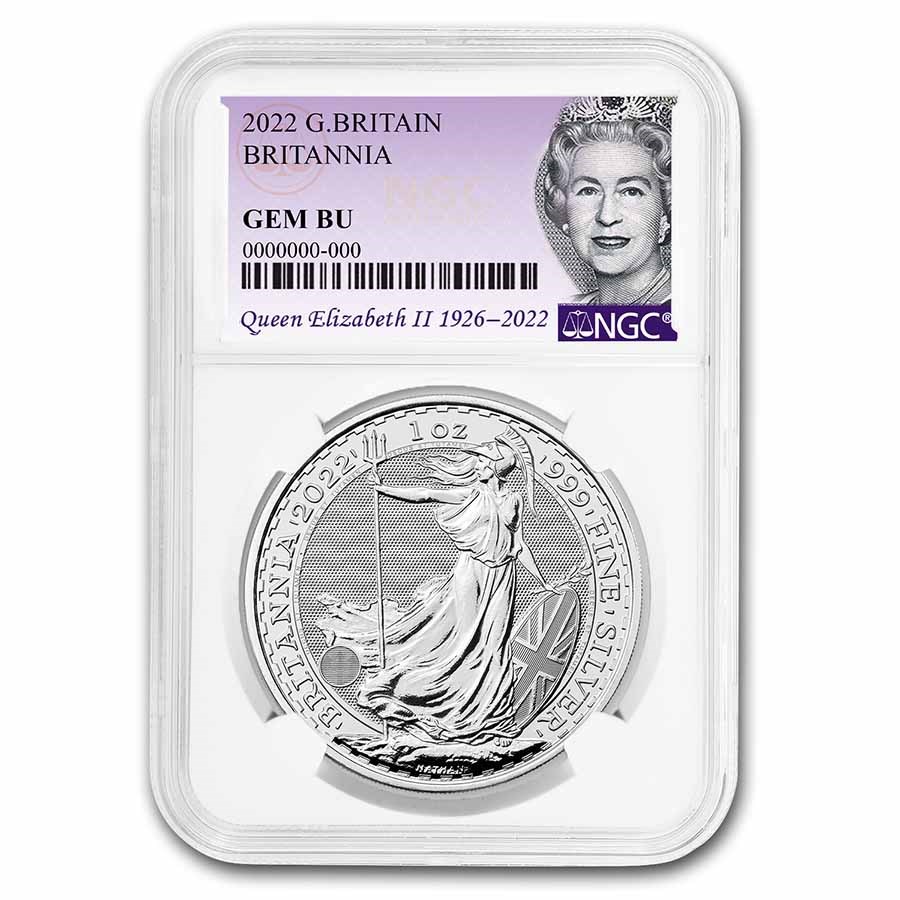 Buy 2022 GB 1 oz Silver Britannia NGC-GEM BU (Memorial Label) | APMEX