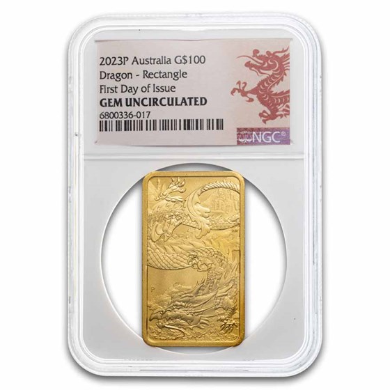 2023 Australia 1 oz Gold Rectangular Dragon NGC GEM Unc FDI