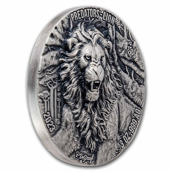 Buy 2023 Ivory Coast 3 oz Antique Silver Predators: Lion | APMEX
