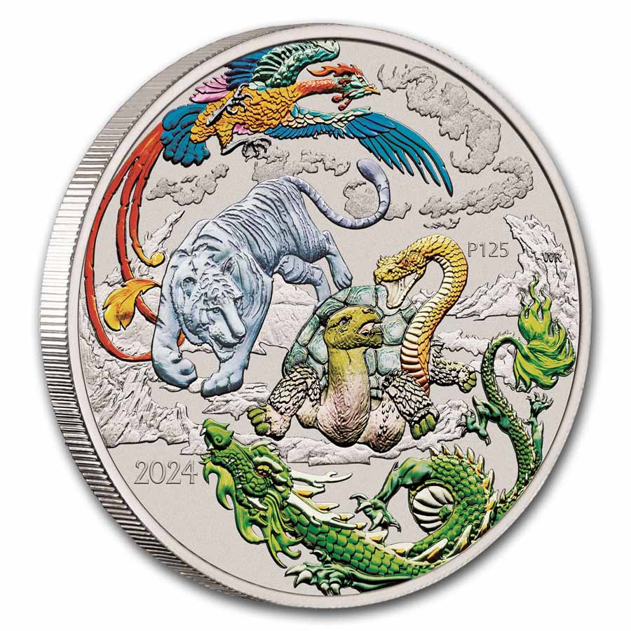 APMEX - 2024 AUS 1 oz Silver Four Guardians Colorized BU Cap Green Dragon