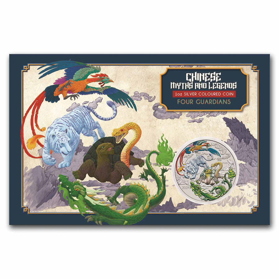 APMEX - 2024 AUS 1 oz Silver Four Guardians Colorized- Card, Green Dragon