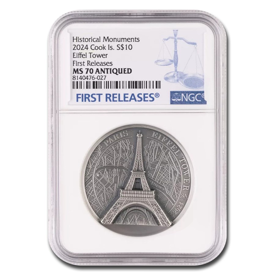 2024 Cook Islands 2 oz Silver Antique Eiffel Tower MS-70 NGC (FR)