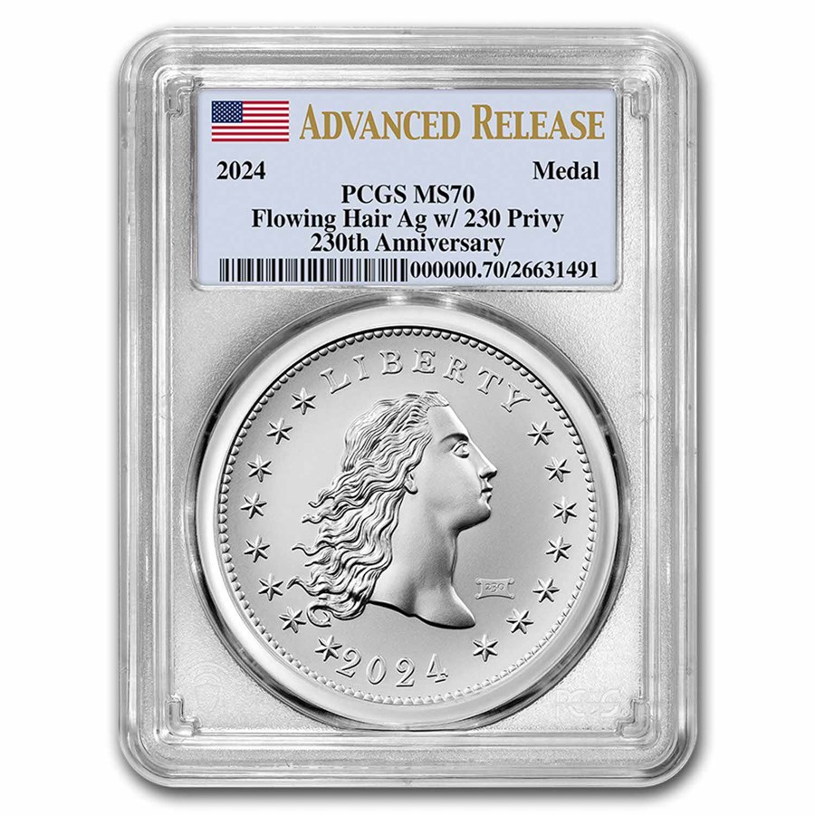 2024 Flowing Hair Silver Medal MS-70 PCGS (AR, 230 Anniv Privy)