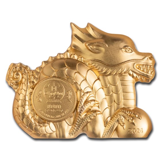 2024 Mongolia 1 oz AG Gilded Lunar Dragon Shaped Coin MS-70 NGC