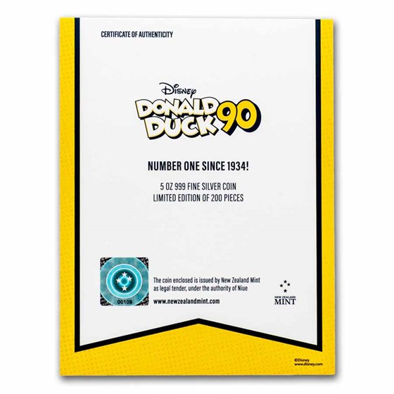 2024 Niue 5 oz Silver $10 Disney Donald Duck Number 1 Since 1934