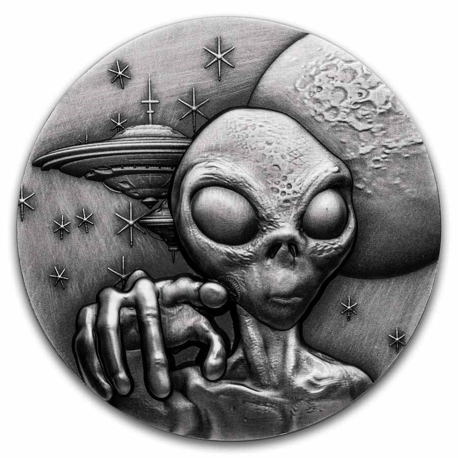 2025 Cameroon 2 oz Silver Antique UFO & Aliens: Alien Face