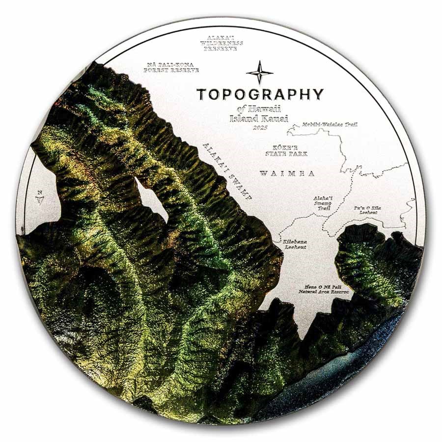 2025 Cook Islands 1 kilo Silver Proof Topography: Hawaii