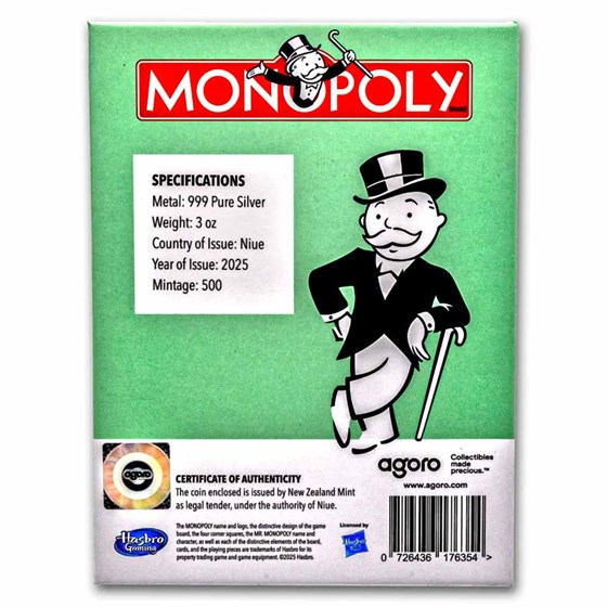 2025 Niue 3 oz Silver $5 Hasbro: Monopoly 90th Anniversary Coin