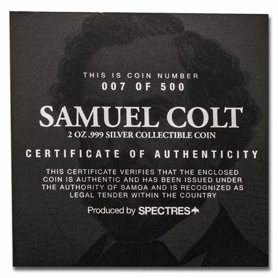 2025 Samoa 2 oz Silver Samuel Colt Antiqued High-Relief Coin