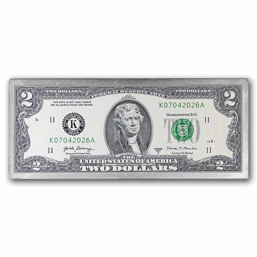 4 oz Silver Colorized Bar - $2 Jefferson Bill (w/Box & COA + $2)