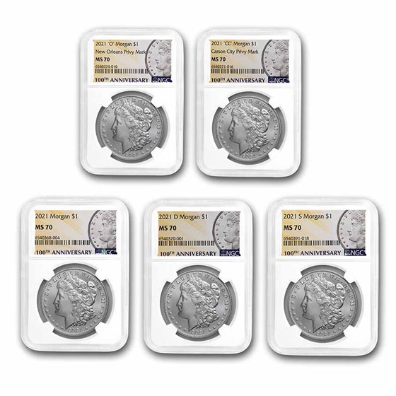 Buy 5-Coin 2021 Morgan Dollar Set (P, D, S, O, CC) MS-70 NGC | APMEX