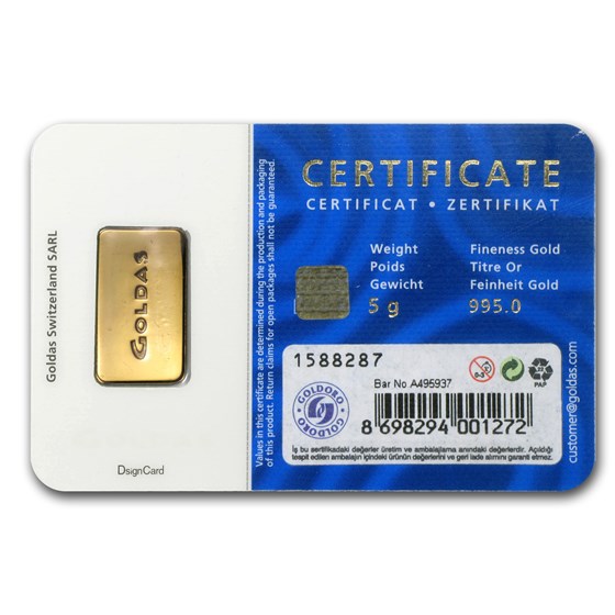 Buy 5 gram Gold Bar - Goldas (995.0 Fine, in Assay) | APMEX