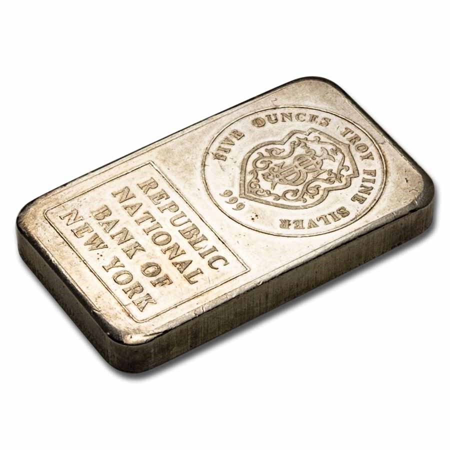 Buy 5 oz Silver Bar - Johnson Matthey (Republic National Bank of NY ...
