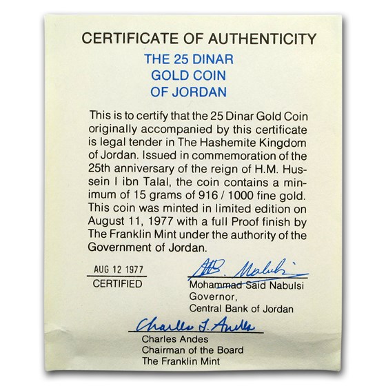 Buy AH1397/1977 Jordan Proof Gold 25 Dinars King Hussein 25th Anniv | APMEX