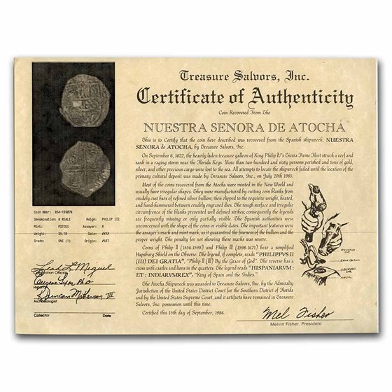 Buy Atocha Shipwreck Silver 8 Reales Grade 1 (Salvage w/COA) | APMEX