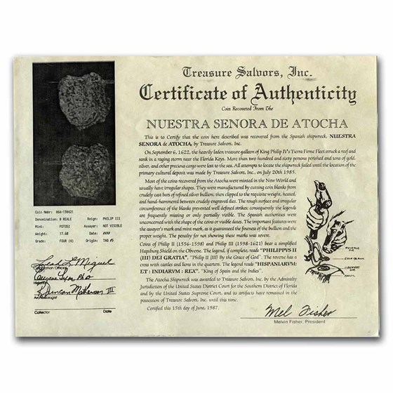 Buy Atocha Shipwreck Silver 8 Reales Grade 4 (Salvage w/COA) | APMEX