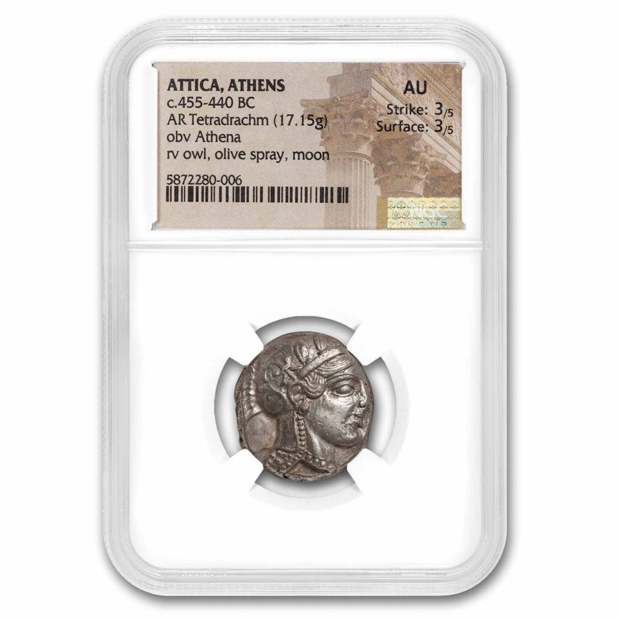 Buy Attica, Athens AR Tetradrachm Owl (440-404 BC) AU NGC (3/3) | APMEX Buy Attica, Athens AR Tetradrachm Owl (440-404 BC) AU NGC (3/3) | APMEX