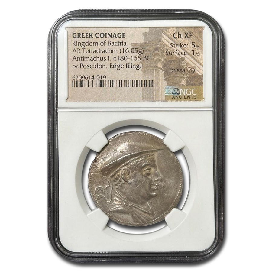 Bactrian Kingdom AR Tetradrachm Antimachus (180-165 BC) Ch XF NGC