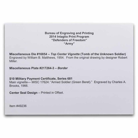 Buy BEP 2014 Intaglio Print Program Freedom "Army" | APMEX