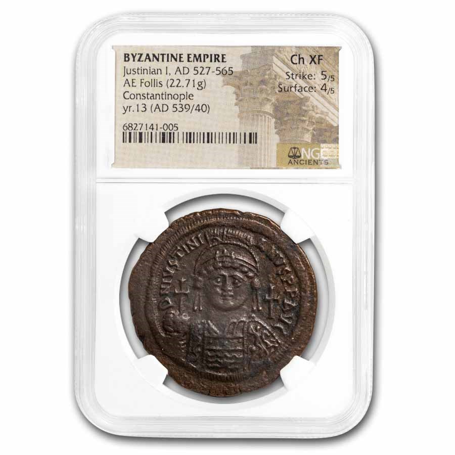 Byzantine 40 Nummi Justinian 527-65 AD Ch XF NGC (Constantinople)